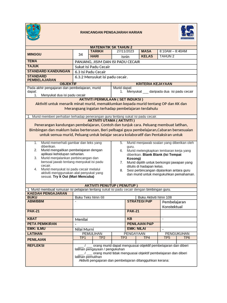 RPH Minggu 34 Matematik THN 2 by Cikgu Gorgeous | PDF