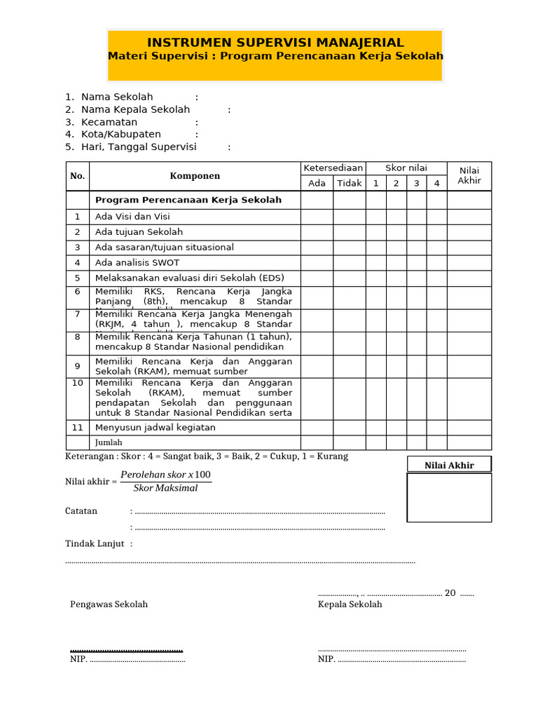 Instrumen Supervisi Manajerial Lengkap - Supervisi Dari Pengawas | PDF