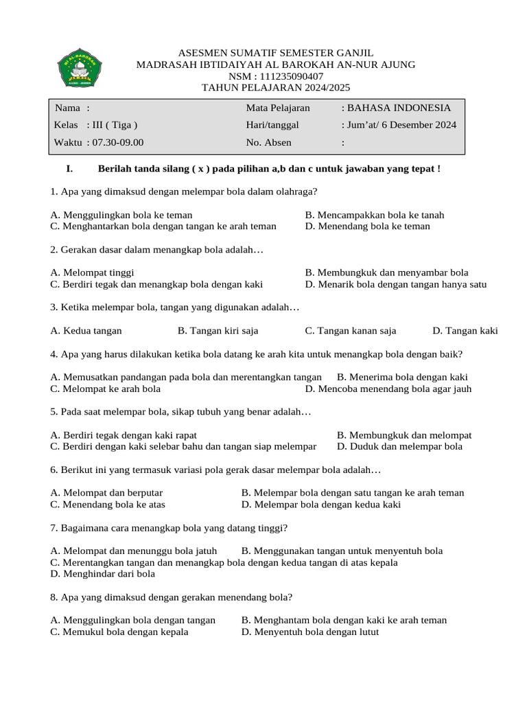 Soal PJOK smt1 | PDF