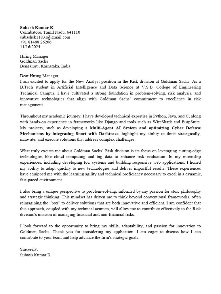 Subash Kumar - Cover Letter | PDF