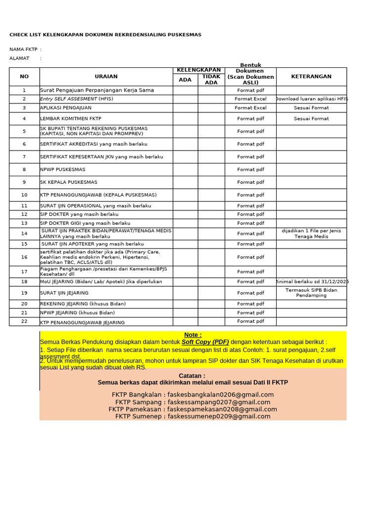 0.checklist Kelengkapan Berkas FKTP | PDF