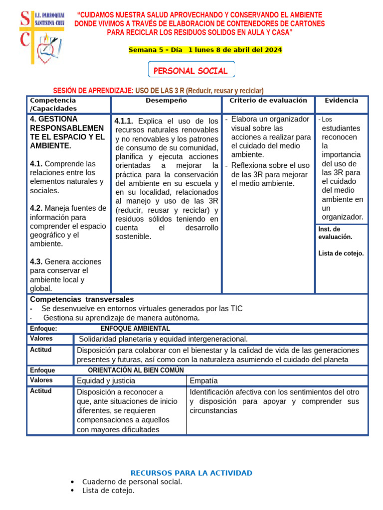 Semana 5 Dia 1 Personal Social | PDF | Reciclaje | Residuos