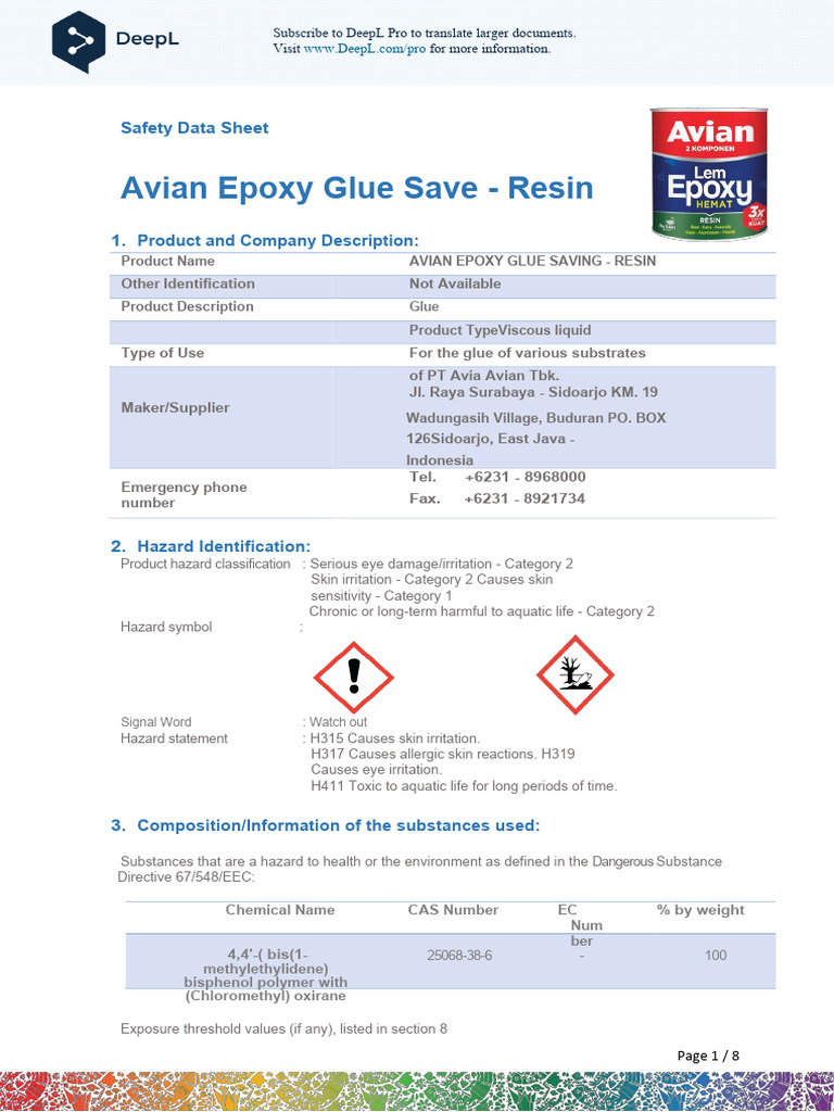 MSDS Avian Lem Epoxy HEMAT - Resin_Hardener en | PDF | Breathing | Water