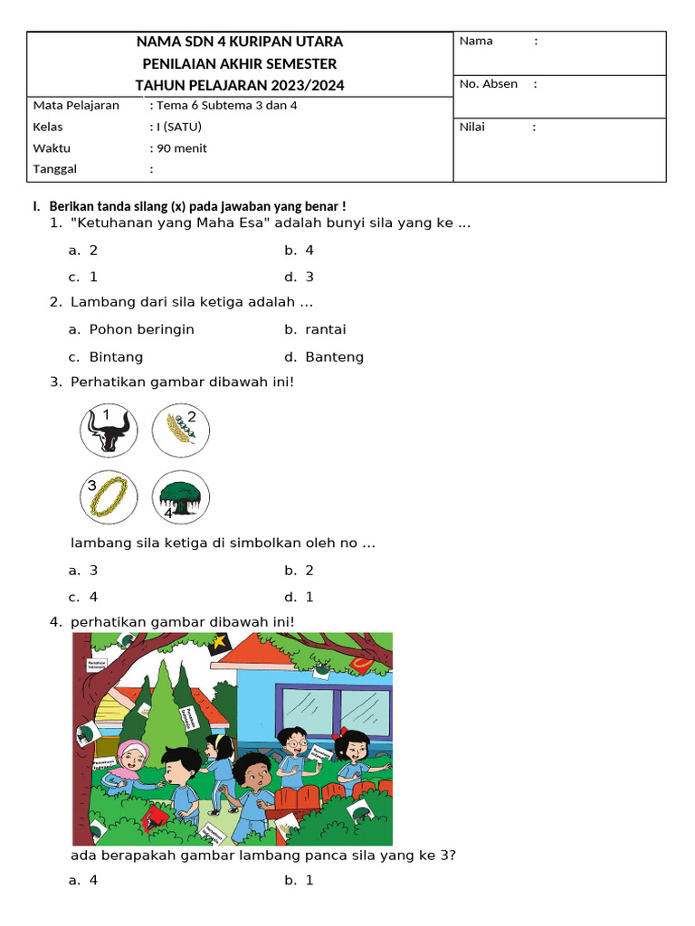 SOAL PTS KELAS 1 Tema 6 Subtema 3 Dan 4 | PDF