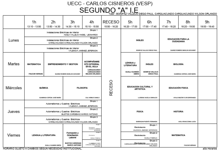Horario Vespertina Cursos 2d. T-20 | PDF
