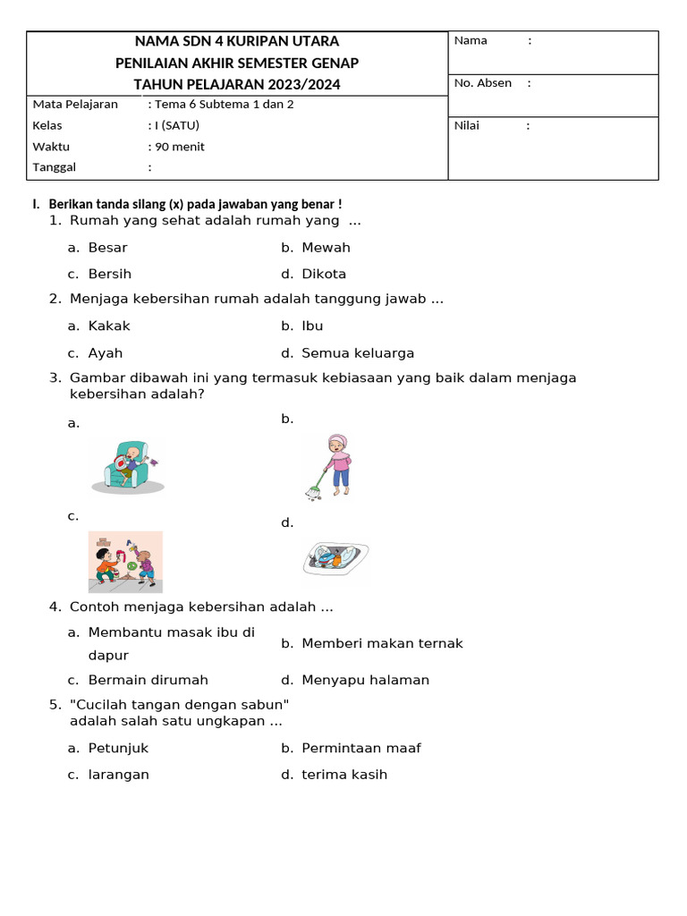SOAL PTS KELAS 1 Tema 6 Subtema 1 Dan 2 | PDF