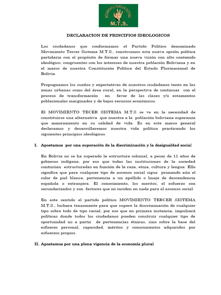 Principios Ideológicos del M.T.S. en Bolivia | PDF | Democracia ...