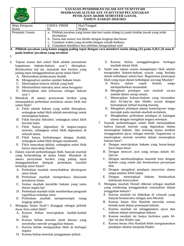 Soal Asas 2024 Ushul Fikih Xi | PDF
