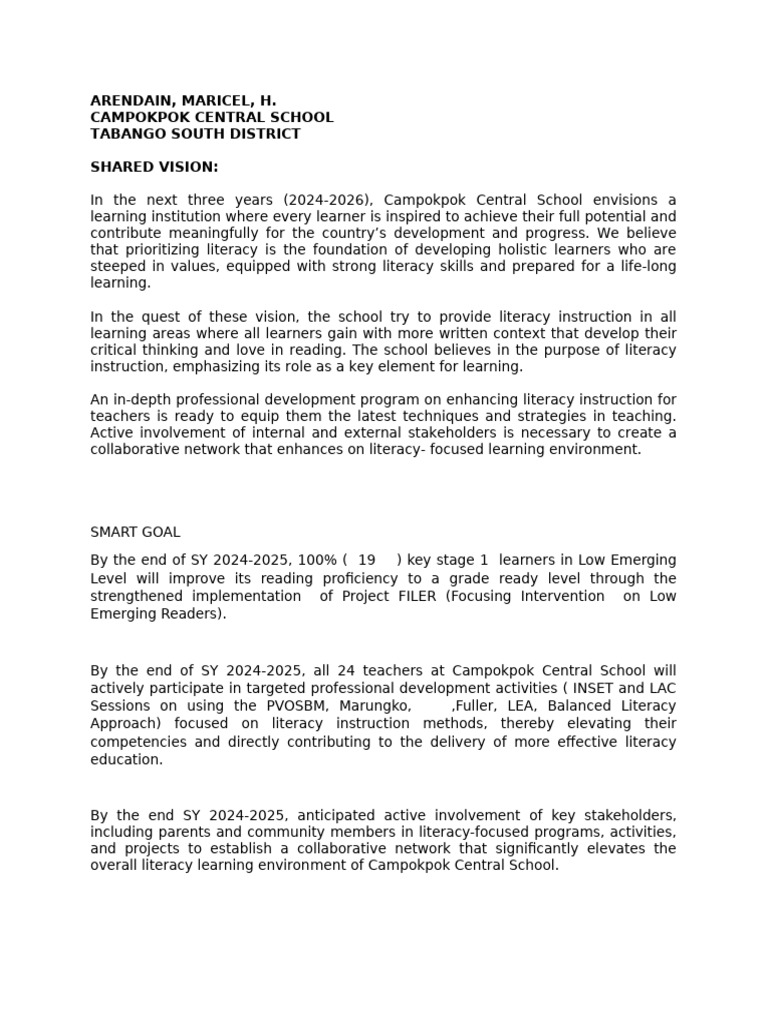 Shared Vision & Smart Goals - Campokpok CS 1 | PDF