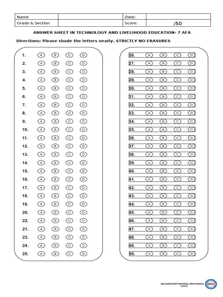 Bubble Answer Sheet 1 50 | PDF
