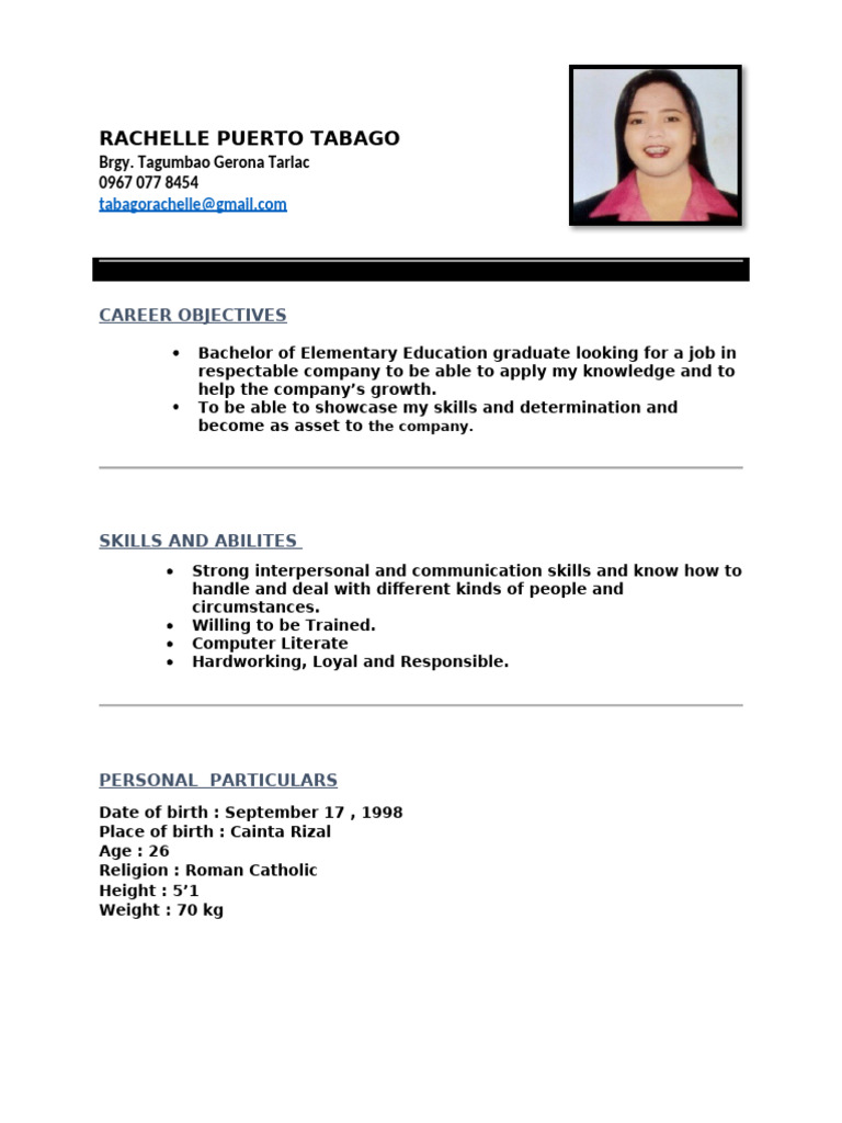 Rachelle Tabago: Job Application Resume | PDF