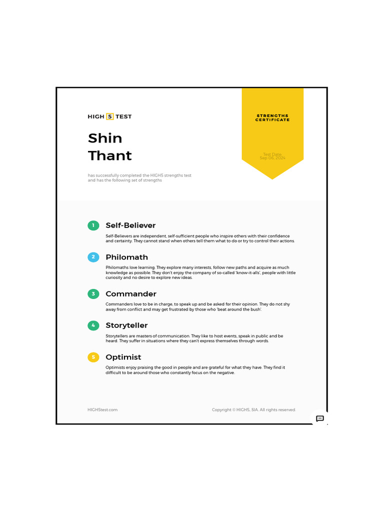 HIGH5 Strengths Test Results For Shin Thant | PDF