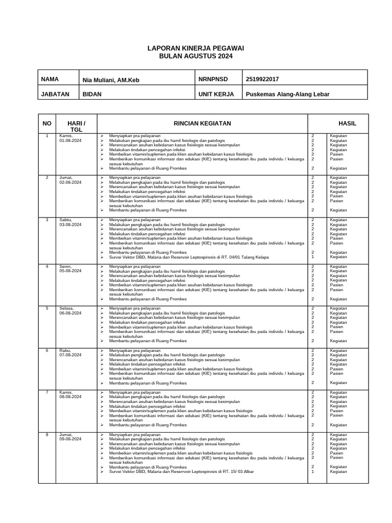 Laporan Bidan Bulan Agustus | PDF