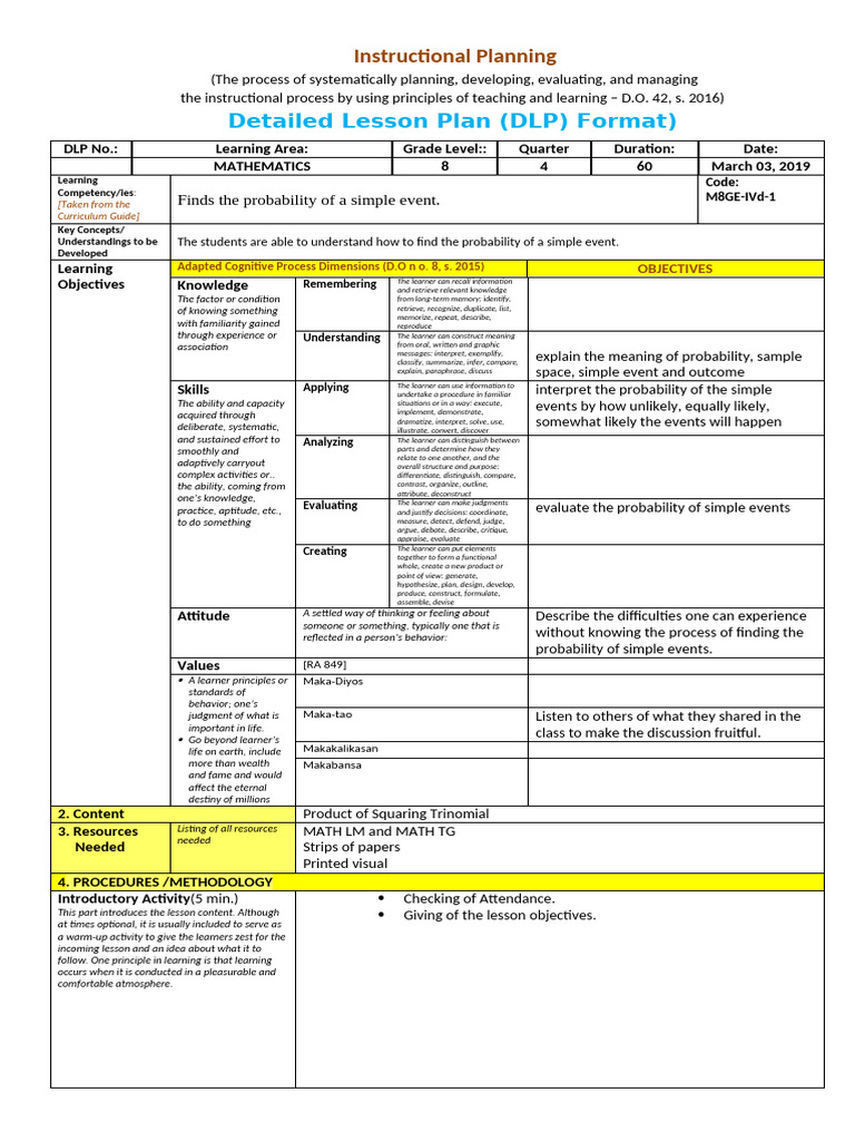 cot for march 11, 2019 | PDF | Learning | Probability