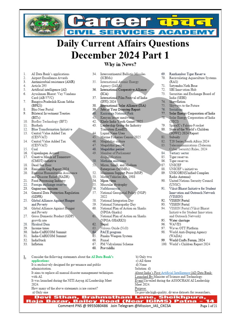 CURRENT AFFAIRS Questions Part 01 December 2024 | PDF | Biofuel | Taxes