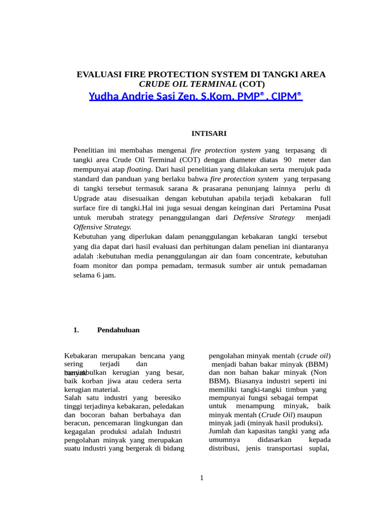 Evaluasi Fire Protection System Di Tangki Area Crude Oil Terminal (Cot ...