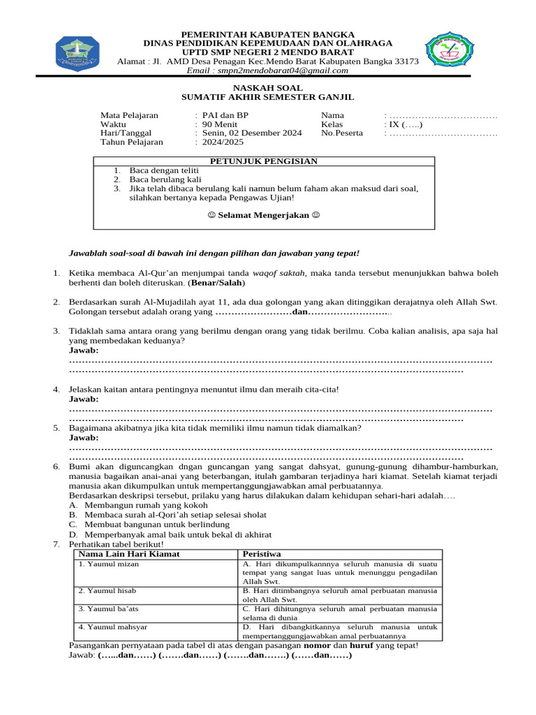Sumatif Ganjil PAI Kelas 9 Kurmer 2024 | PDF