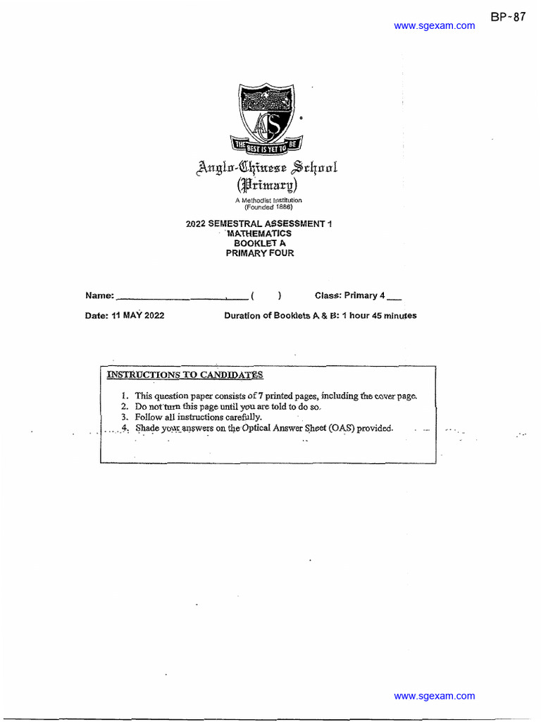 2022 P4 Maths Semestral Assessment 1 ACS Primary 2 | PDF