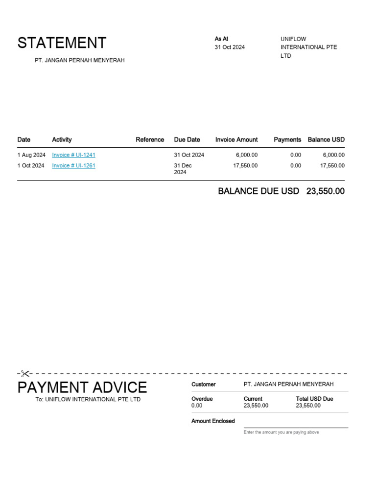 Statement For PT. JANGAN PERNAH MENYERAH As at 31oct2024 | PDF