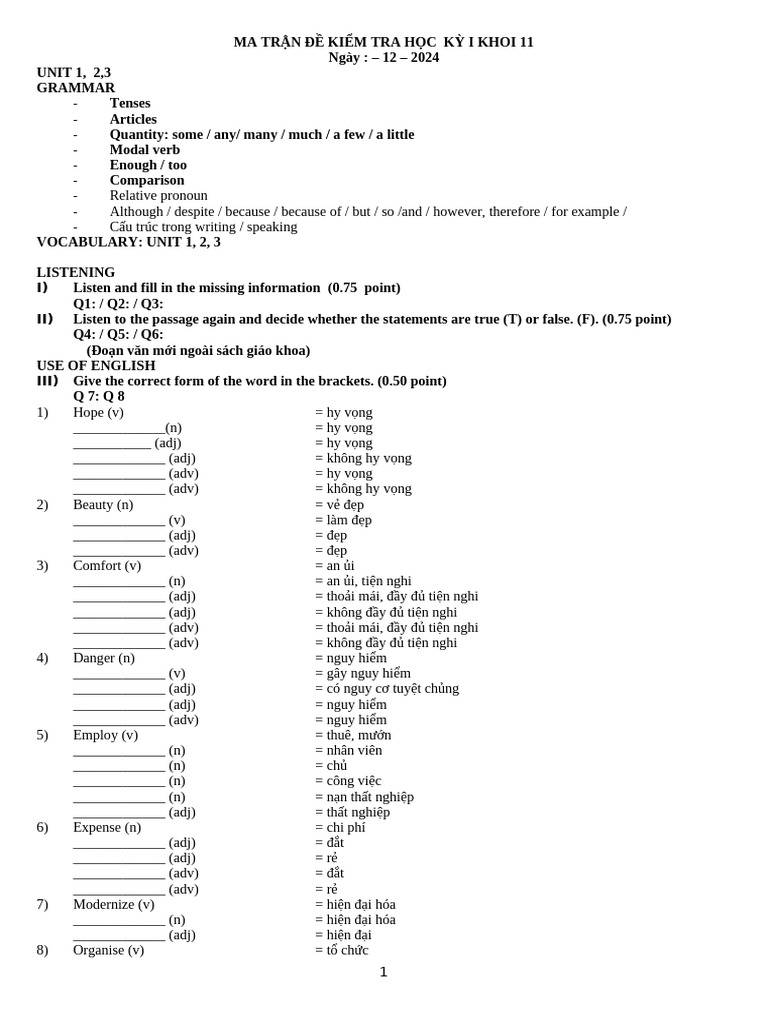 Ma Trận Đề Kiểm Tra Hoc Kỳ 1 Khoi 11 (2024 2025) | PDF