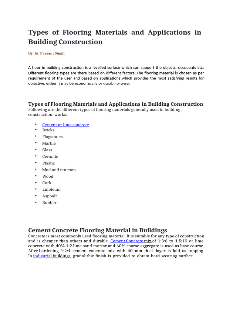 Flooring Materials for Construction | PDF | Flooring | Concrete