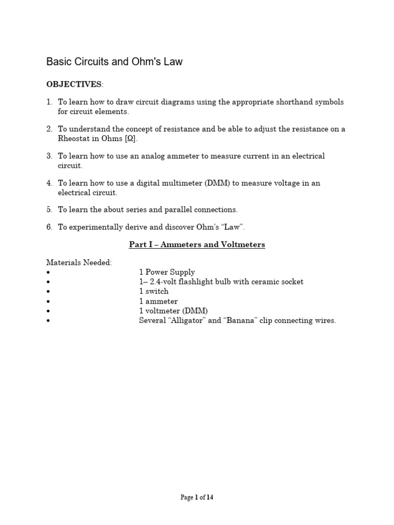 PHYS 2010; Lab 2; Basic Circuits and Ohm's Law | PDF | Voltage ...