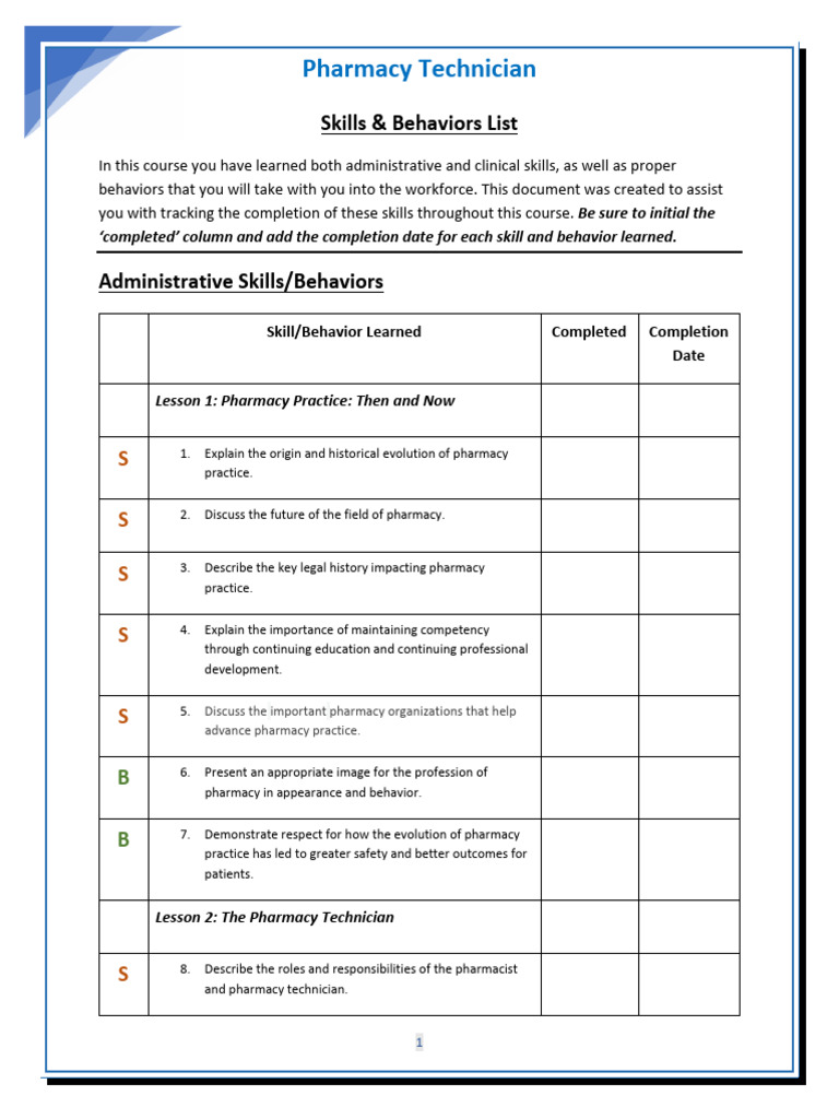 Pharmacy Technician Skills Checklist | PDF | Pharmacy | Pharmacology