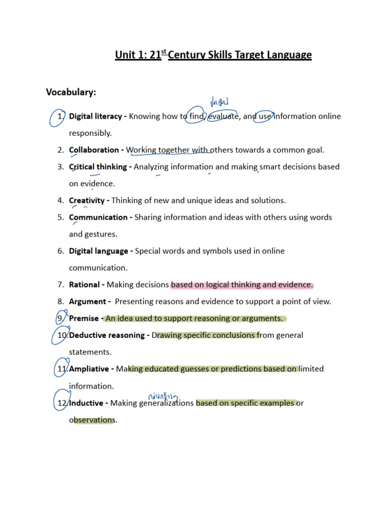 ภาษาอังกฤษฟัง-พูด (Definitions Unit 1 - 21st Century Skills Target ...