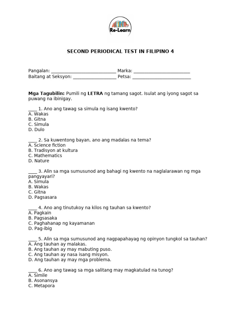Second Periodical Test in Filipino 4 | PDF