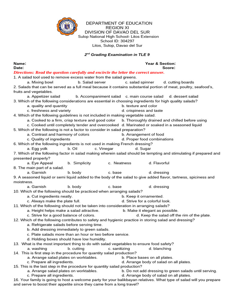 TLE 9: 2nd Grading Exam on Salads | PDF | Salad | Mayonnaise
