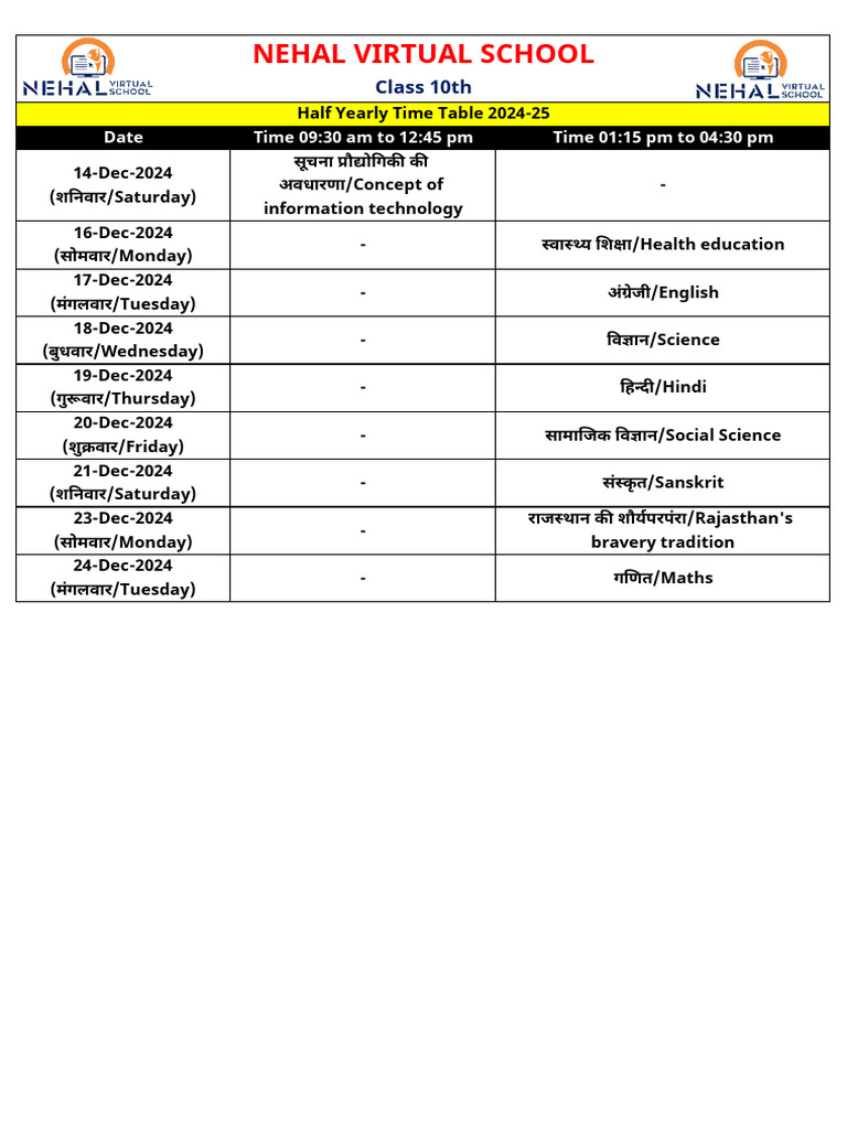 Class 10th NVS Time Table (Half Yearly) (1) | PDF