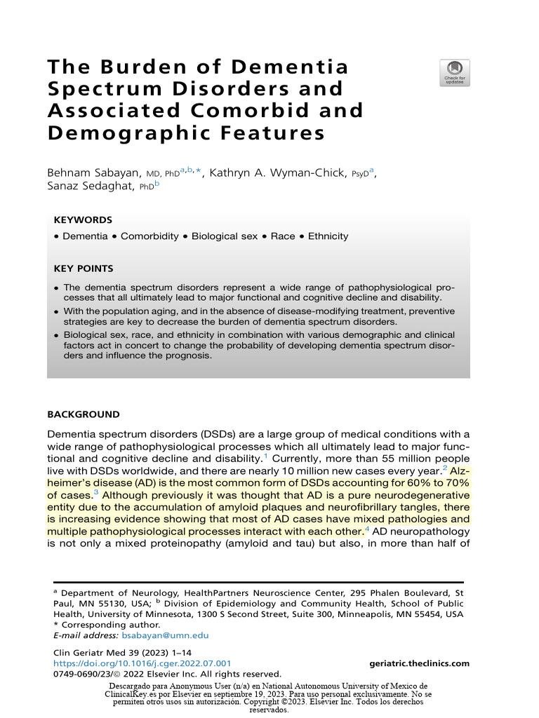 The Burden of Dementia Spectrum Disorders and Associated Comorbid and ...