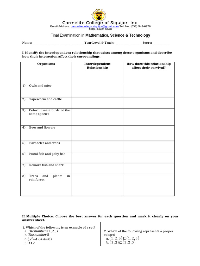 Final Exam in Mathematics Science Technology | PDF | Ecosystem | Earth ...