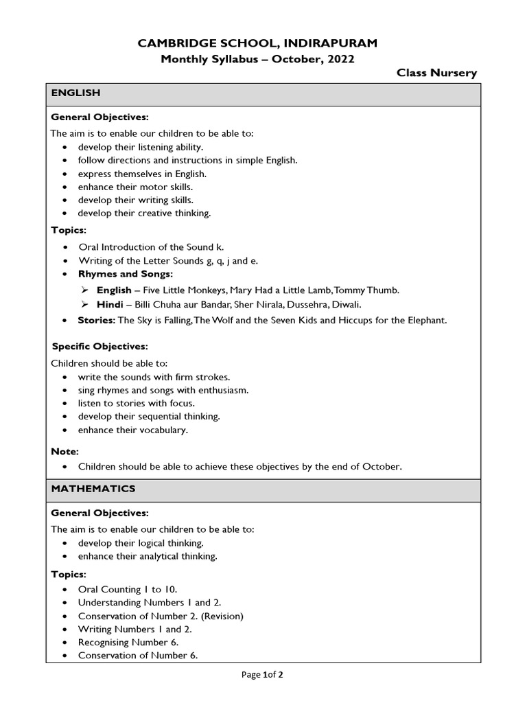 Cl.-Nursery-Monthly-Syllabus-October-2022 | PDF | Cognition | Cognitive ...
