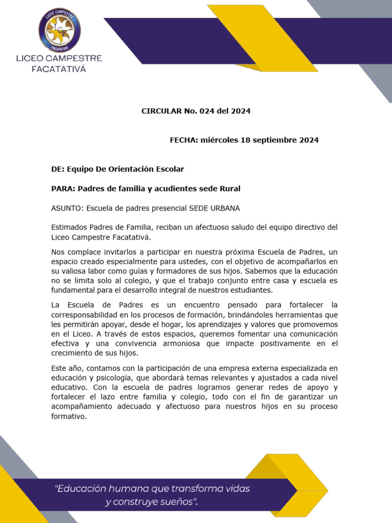 Circular 024 Oe 2024 (Escuela de Padres - Presencial Sede Rural) | PDF