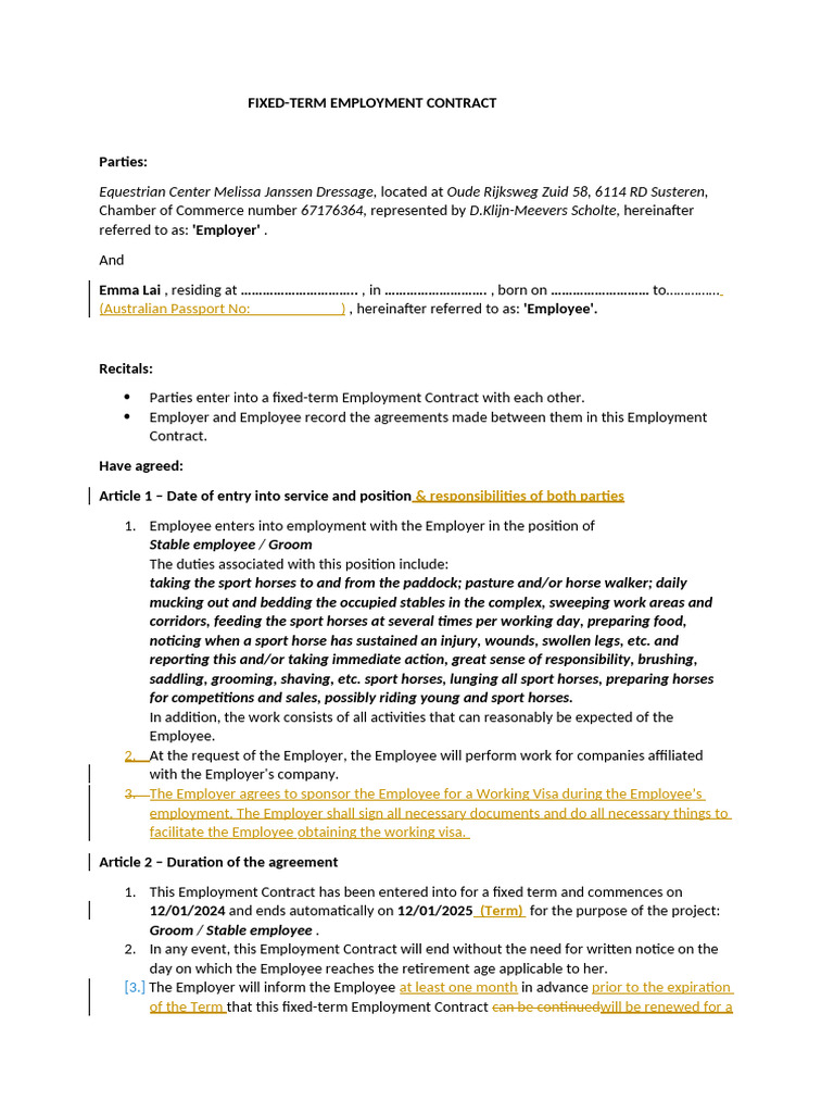 Contract Emma Lai (English Markup) | PDF | Employment | Sick Leave
