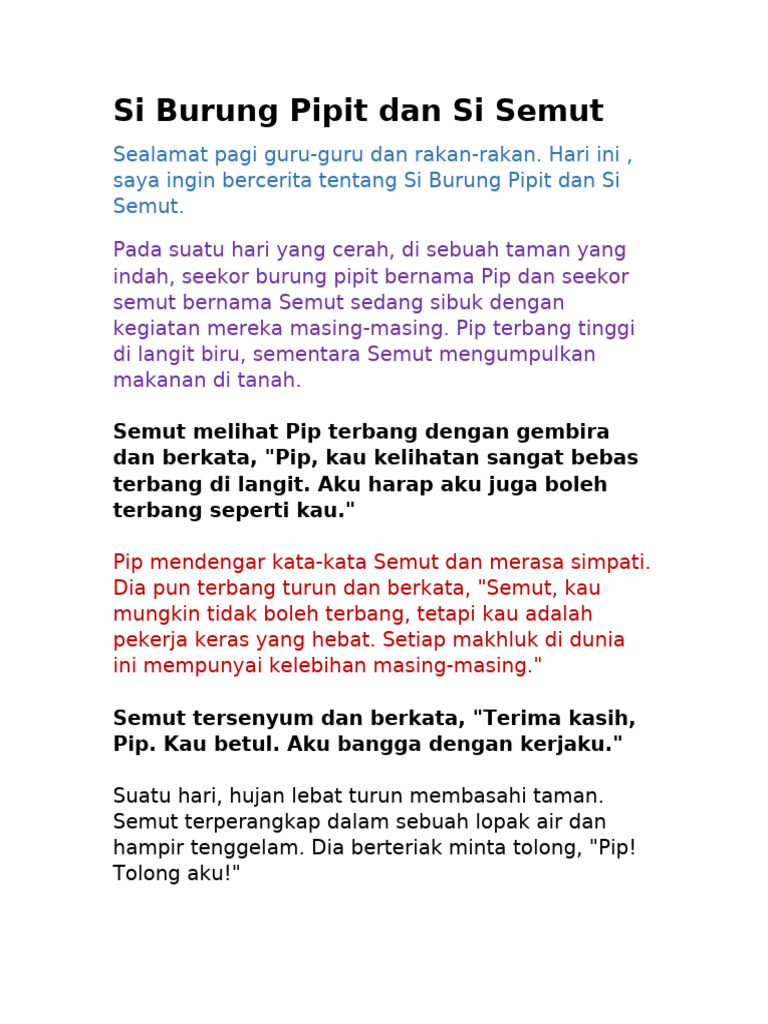 Si Burung Pipit Dan Si Semut | PDF