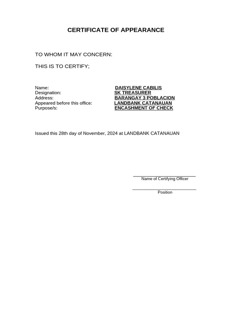Certificate of Appearance for Encashment | PDF
