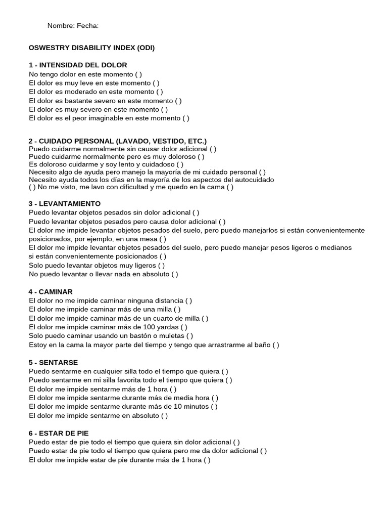 OSWESTRY DISABILITY INDEX (ODI) | PDF | Dormir
