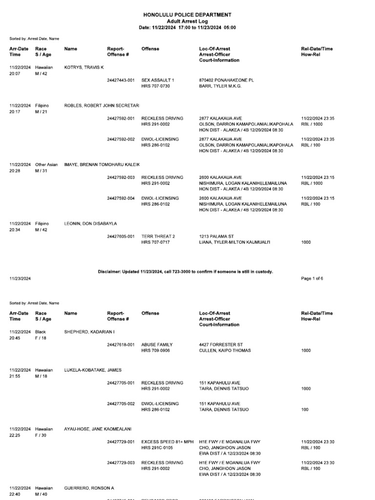 2024 11 23 05 00 34 - Arrest - Log | PDF