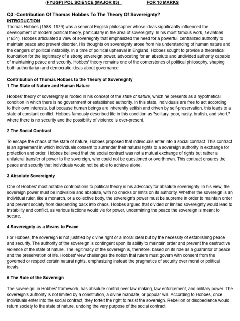 Q3 - Contribution of Thomas Hobbes To The Theory of Sovereignty | PDF ...