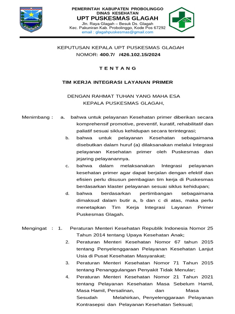 SK Penetapan Tim ILP Puskesmas Glagah 2024 | PDF
