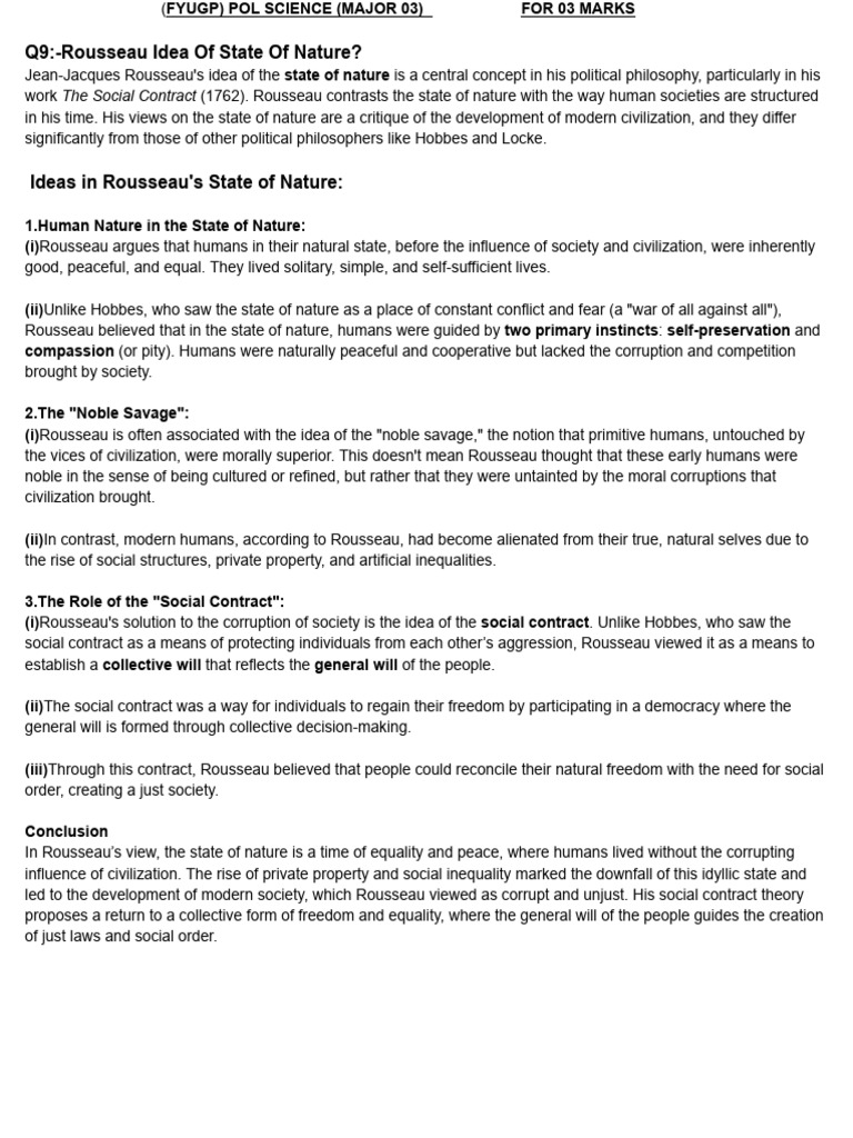 Q9 - Rousseau Idea of State of Nature | PDF | Social Contract | Jean ...