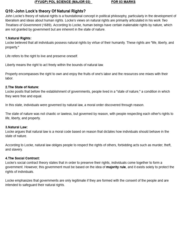 Q10 - John Lock's Theory of Natural Rights | PDF