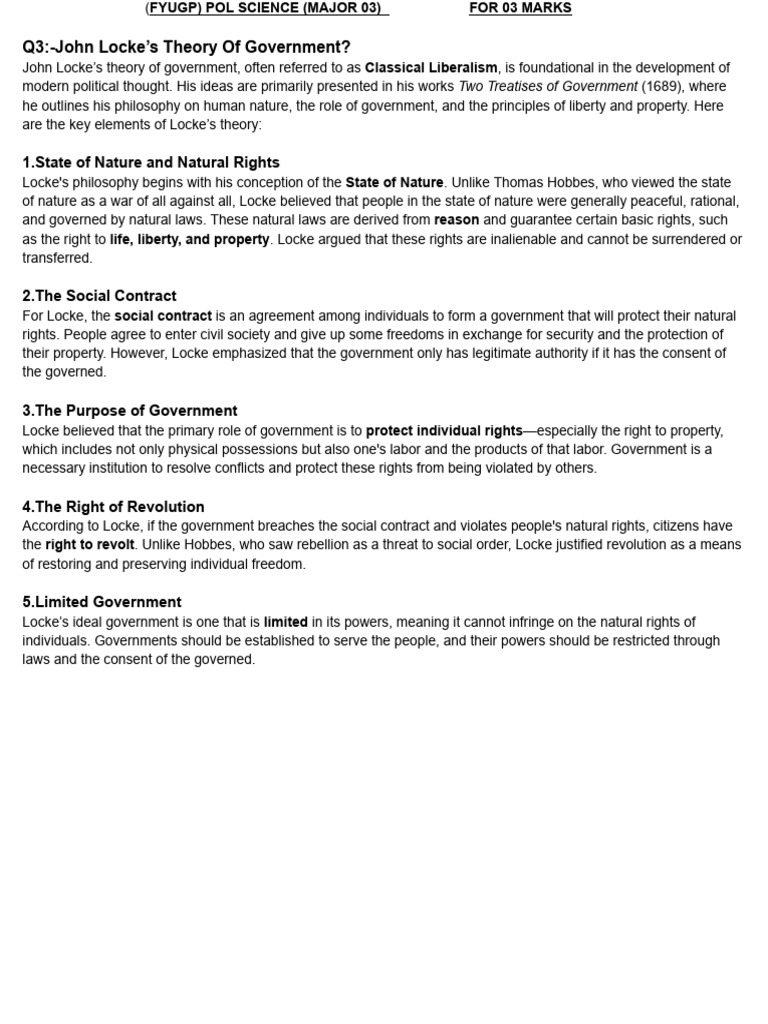 Q3 - John Locke's Theory of Government | PDF