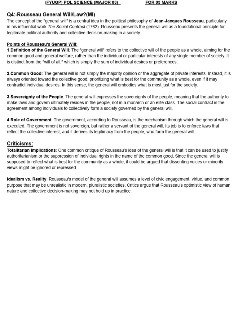Q4 - Rousseau General Will Law (MI) | PDF | Common Good | Social Contract