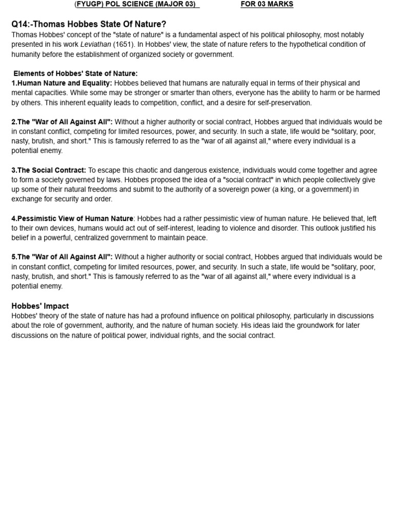 Q14 - Thomas Hobbes State of Nature | PDF | Social Contract | Thomas Hobbes