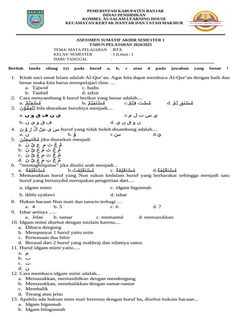 SOAL BTA SAS KELAS 5 | PDF