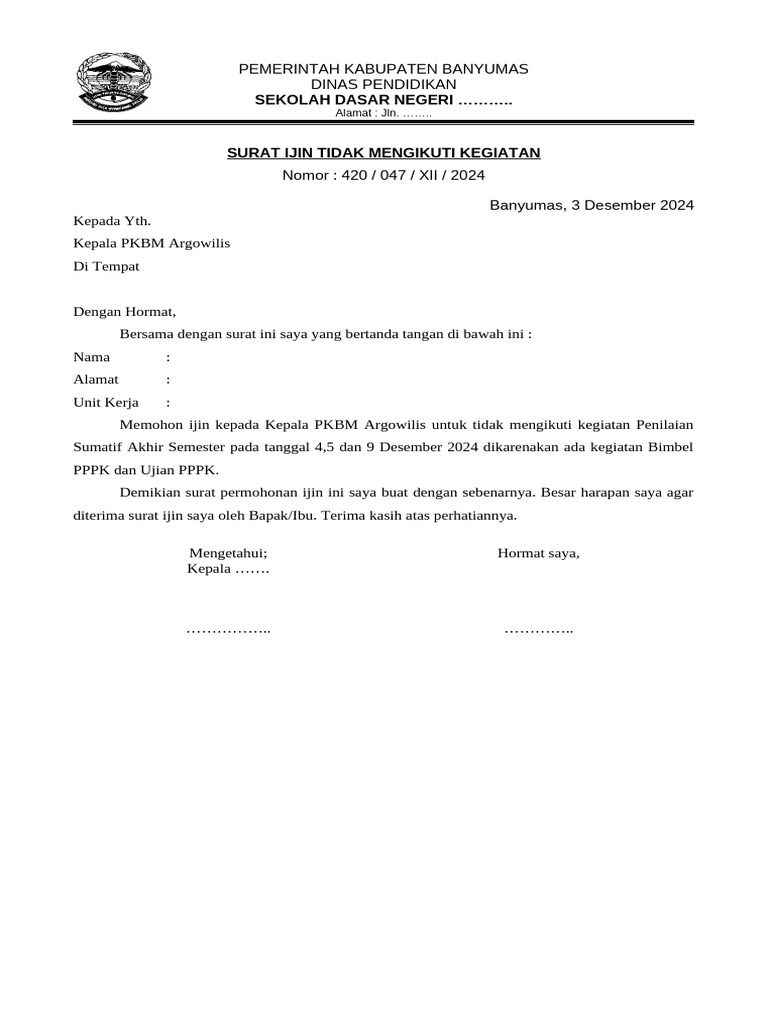 Surat Ijin Tidak Mengikuti Kegiatan | PDF