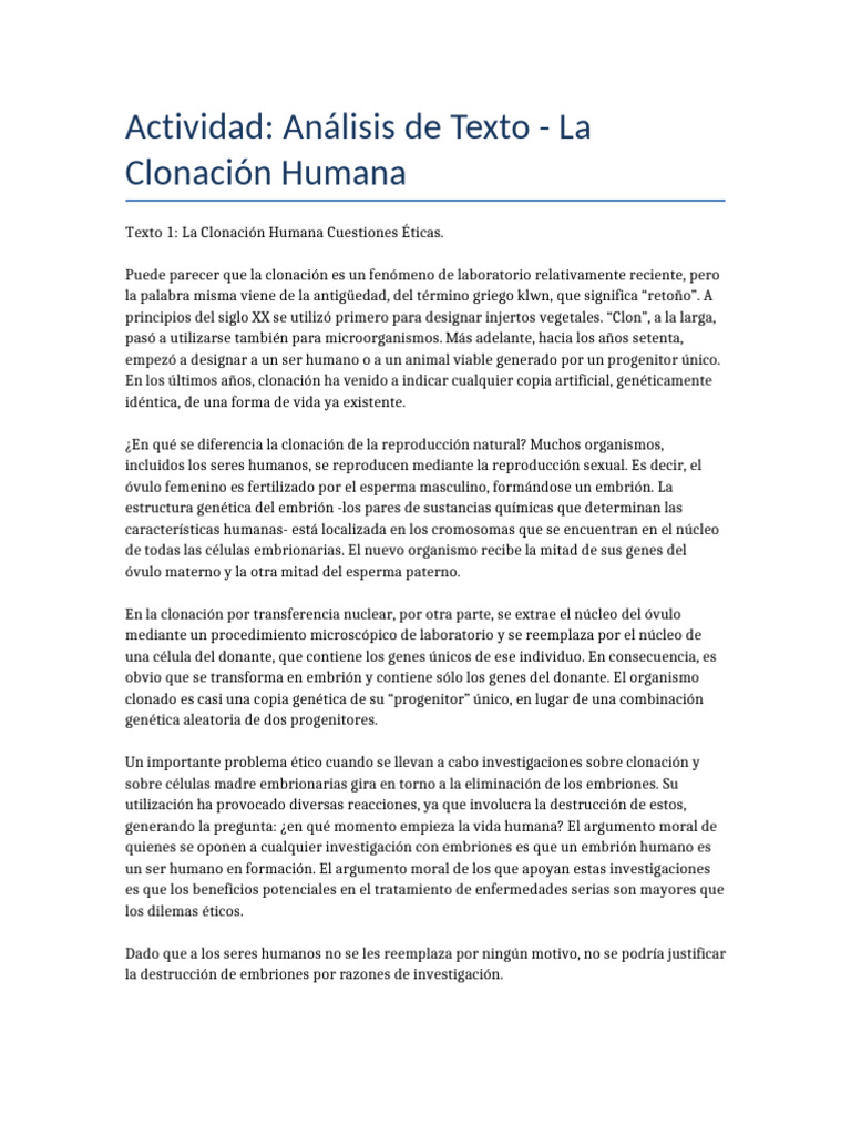 Clonación Humana: Ética y Dilemas | PDF | Clonación | Reproducción